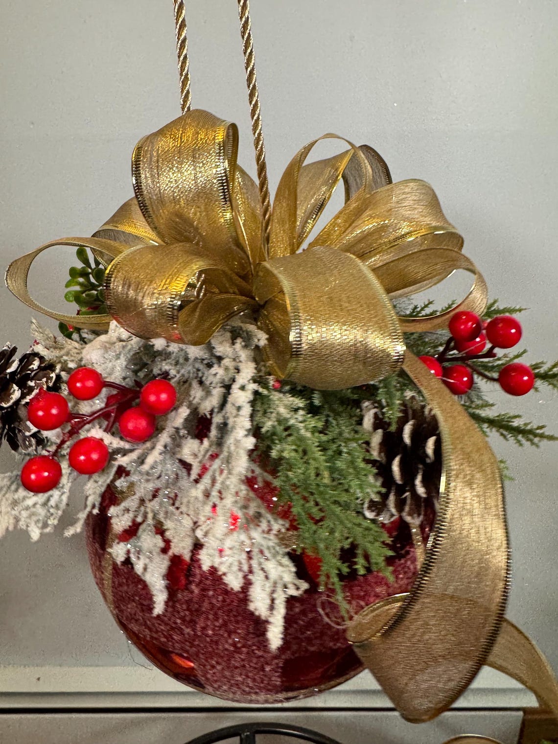 Holiday Ornament, Large Hanging Christmas Ball With Greens and Berries ...