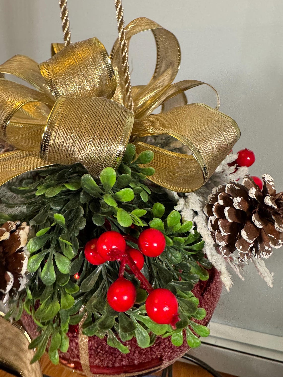 Holiday Ornament, Large Hanging Christmas Ball With Greens and Berries ...