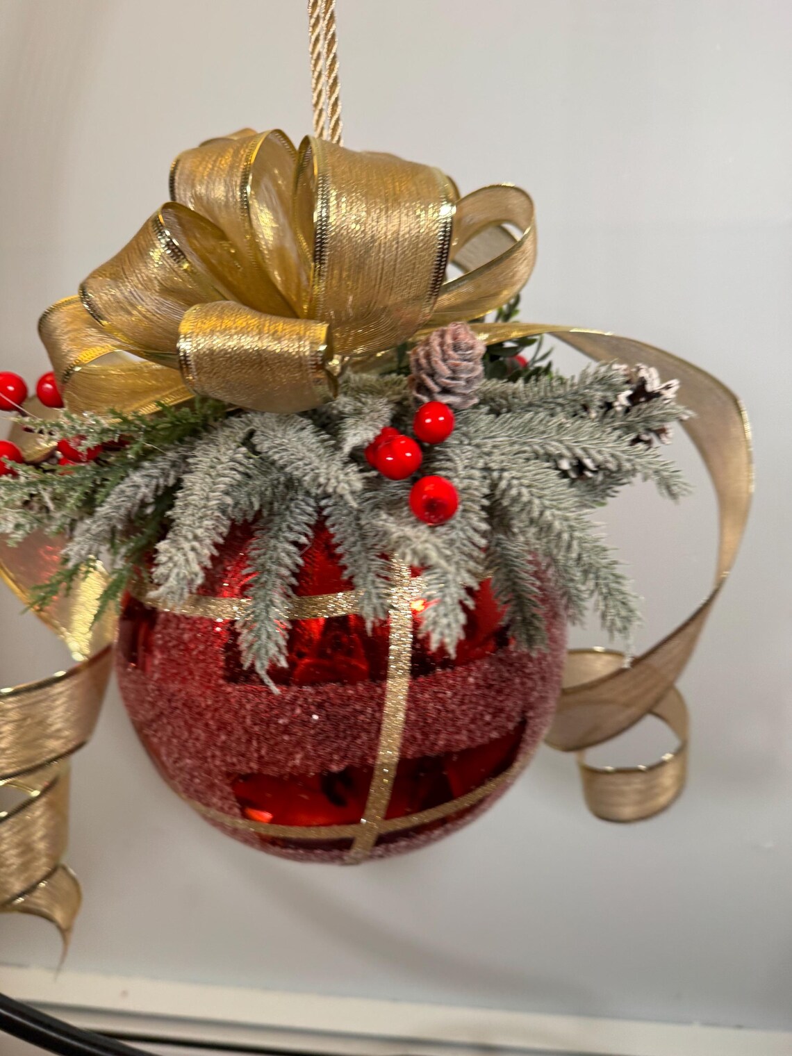 Holiday Ornament, Large Hanging Christmas Ball With Greens and Berries ...