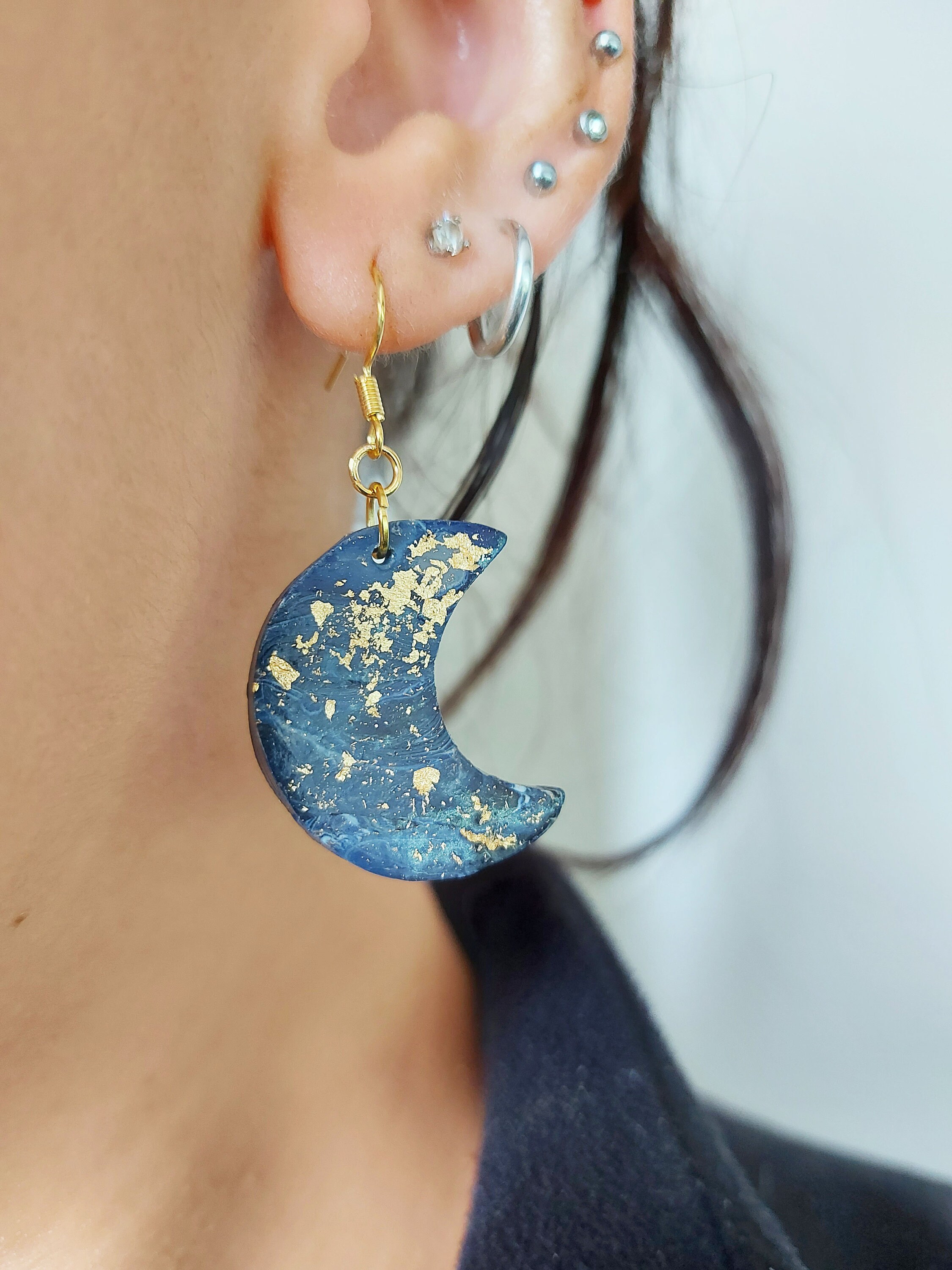 Moon-shaped earrings made of polymer paste and golden leaves | Etsy