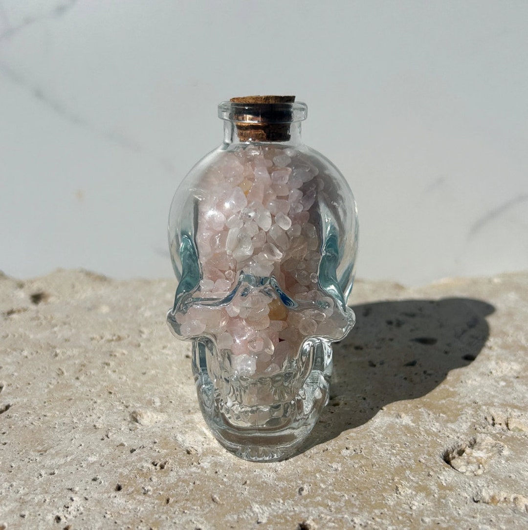 Glass Skull Head Shaped Bottle With Real Tumbled Polished Crystal Chips ...