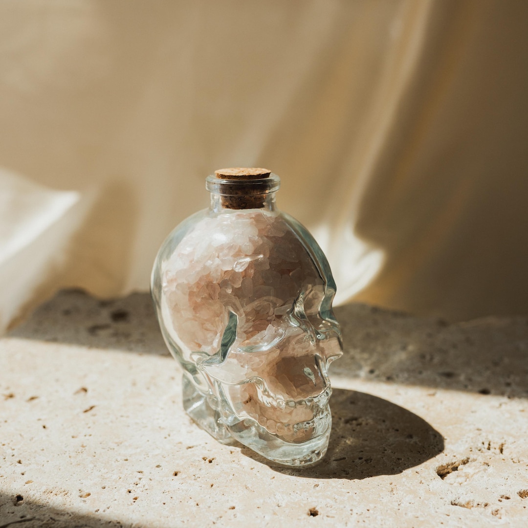 Glass Skull Head Shaped Bottle With Real Tumbled Polished Crystal Chips ...