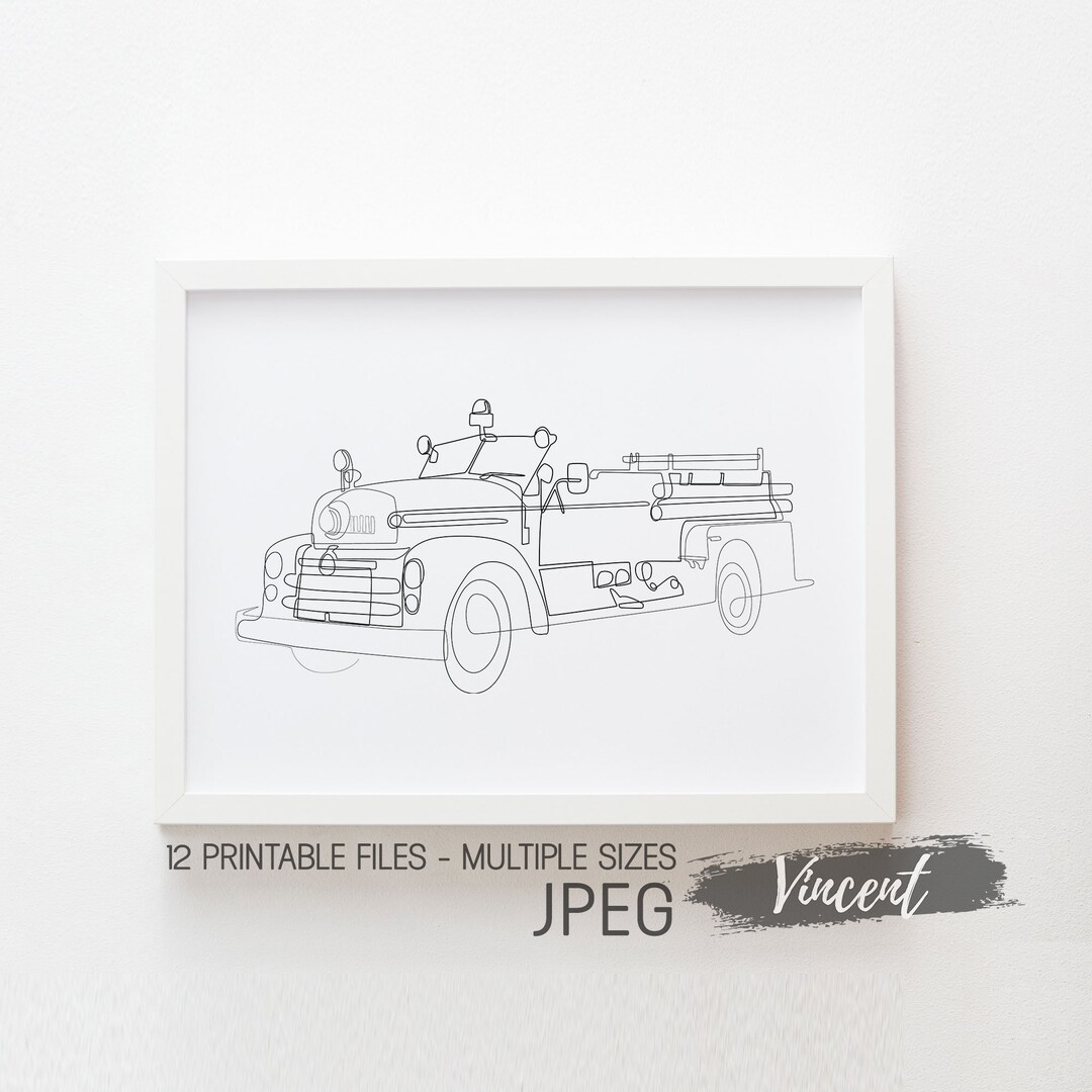 Old Style Fire Truck Line Drawing Art Cut & Printable JPEG PNG SVG Pdf ...