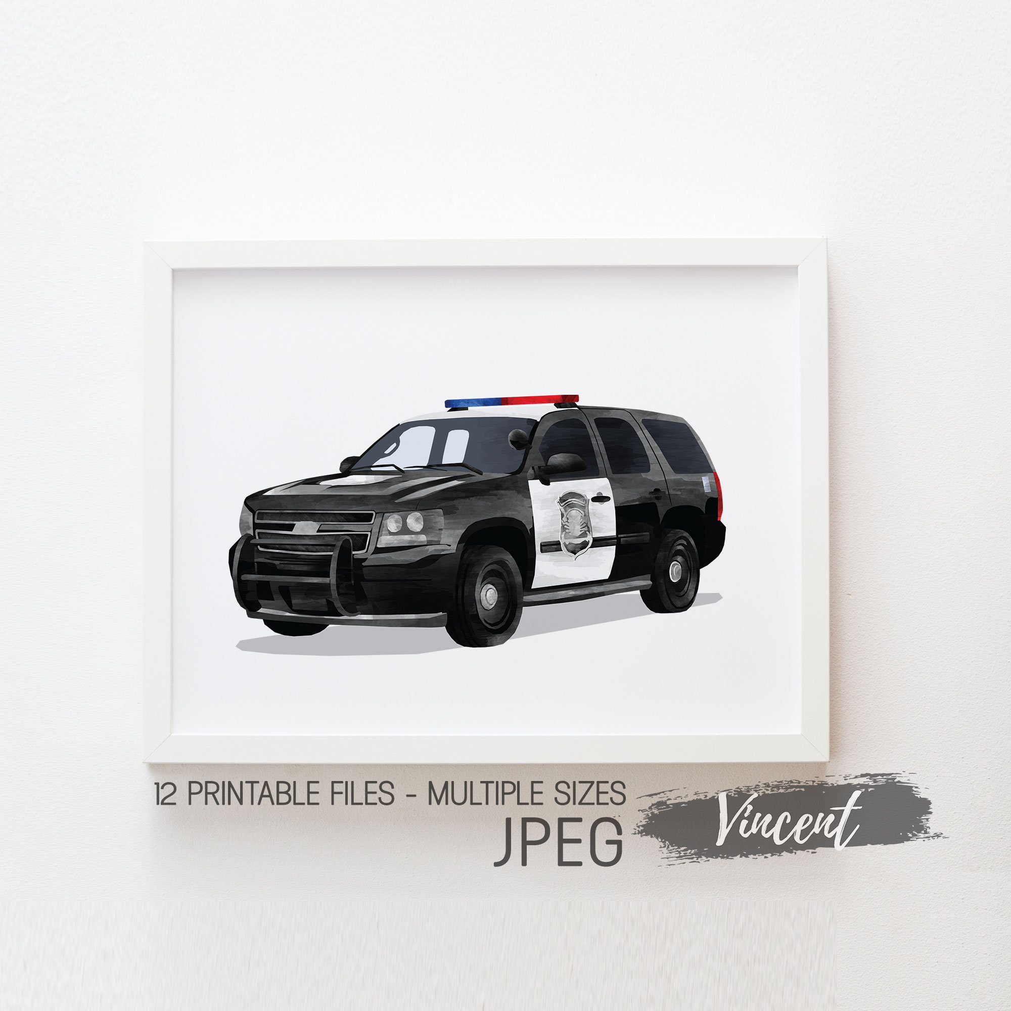 1990s Police Car Watercolor Painting Art Printable JPEG PDF PNG ...
