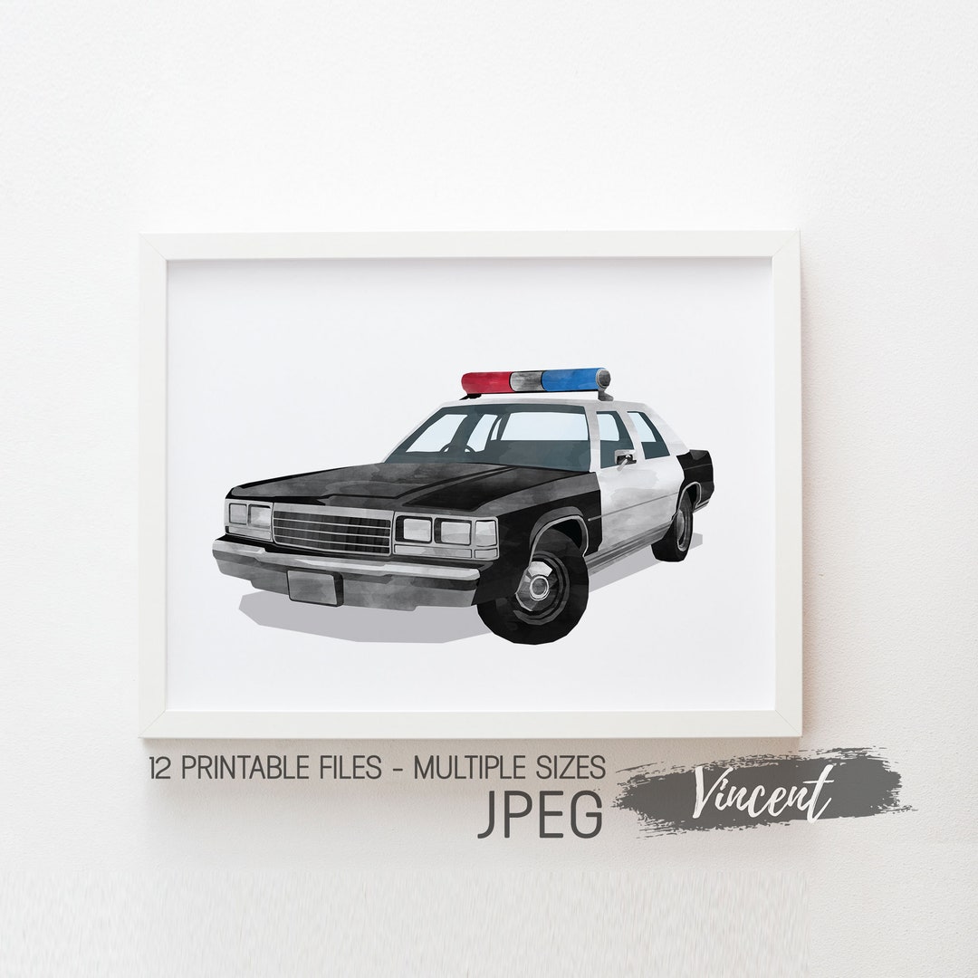 Watercolor Police Car Drawing Printable Wall Art JPEG Designs, 1970s ...