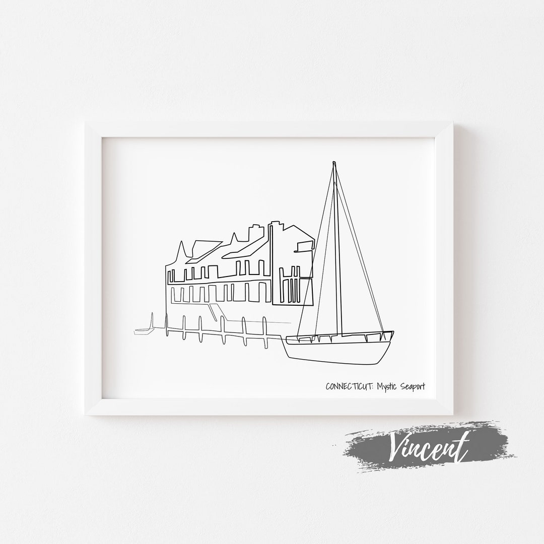 Connecticut Mystic Seaport Line Drawing Printable Wall Art JPG & SVG ...