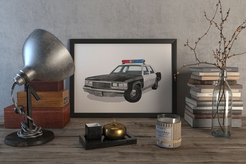 Watercolor Police Car Drawing Printable Wall Art JPEG Designs, 1970s ...