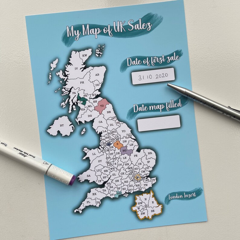 UK Postcode Sales Map Full UK Postcodes Colour in and | Etsy