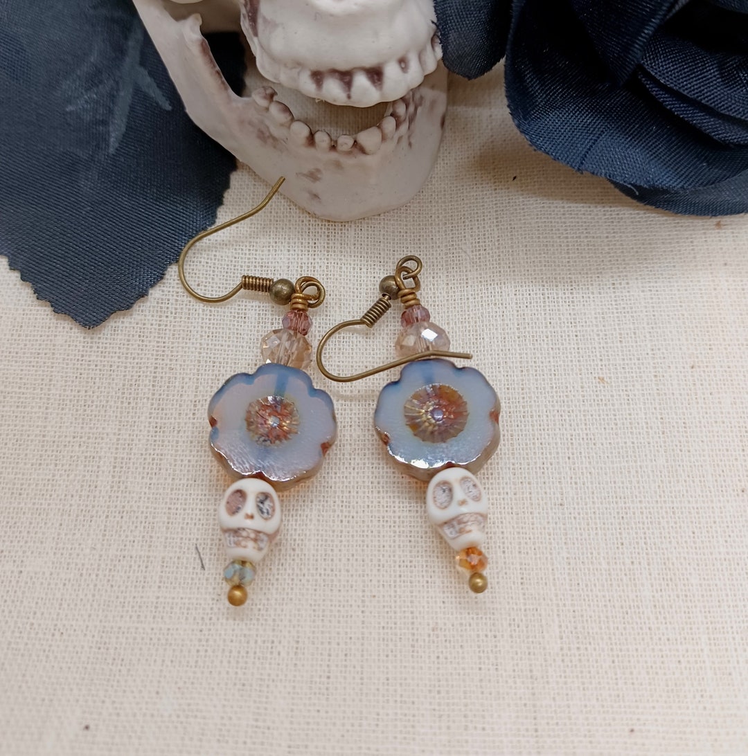 Pretty Skull and Flower Earings Milky Topaz.dia De Los Muertos - Etsy