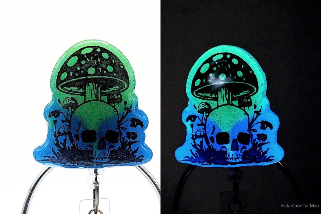 Glow in the Dark Goth Skull and Mushroom Badge Reel: Green and Blue ...