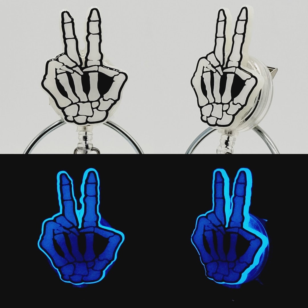 Skeleton Hand Peace Sighn Retractable Badge Reel: Blue Glow in the Dark ...
