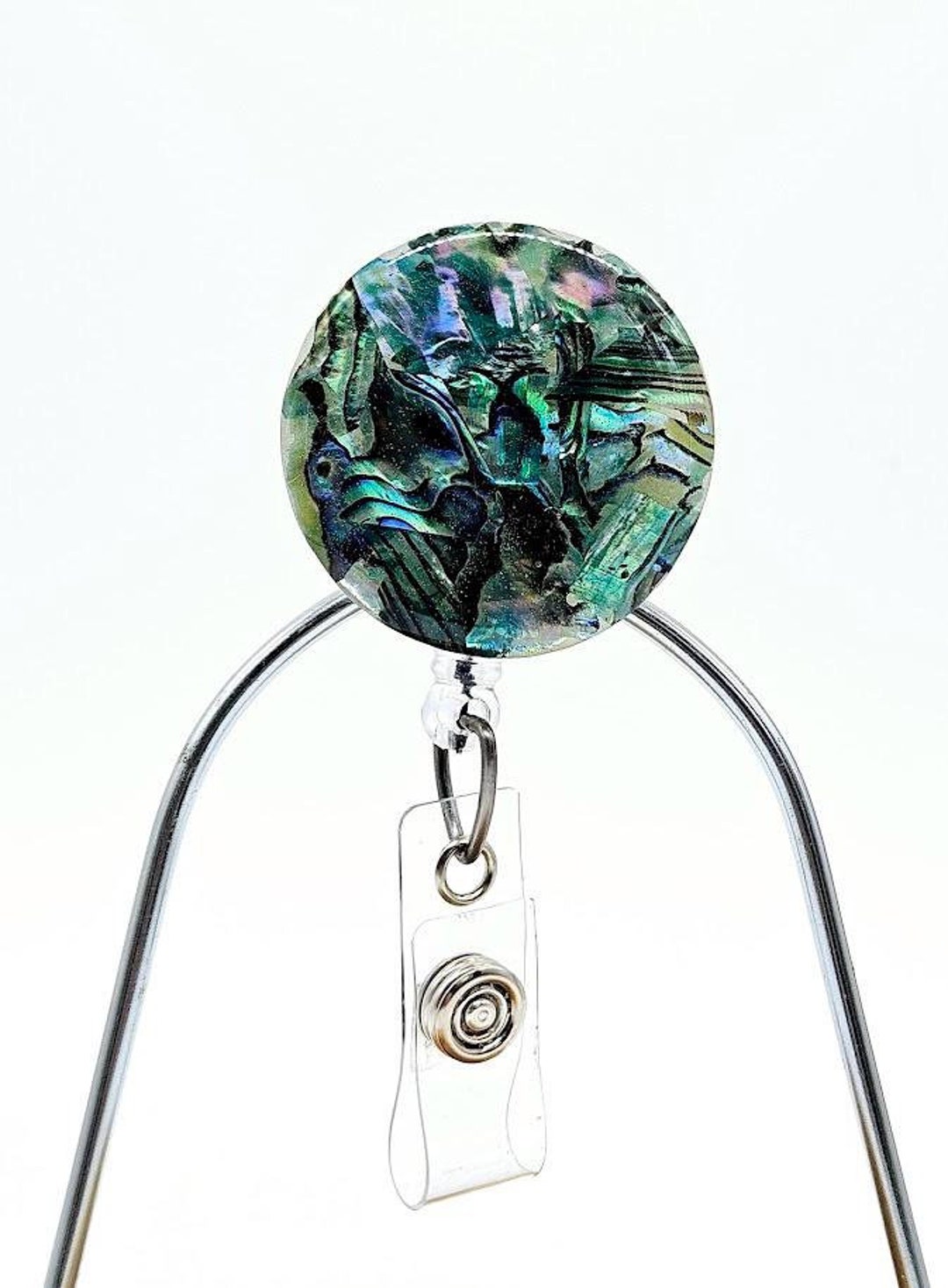 Handmade Epoxy Blue Abalone Shell Badge Reel: Iridescent Abalone Badge ...