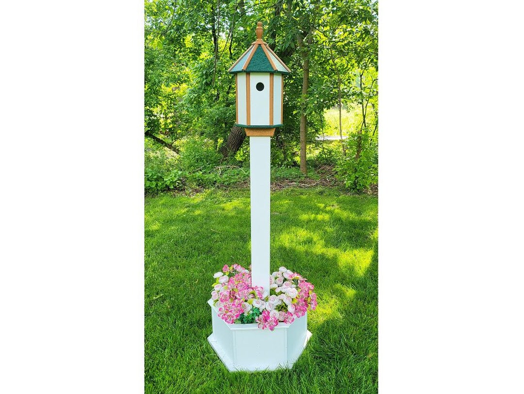 Birdhouse + Post & Planter Kit - White - Planter/post Set- Amish ...