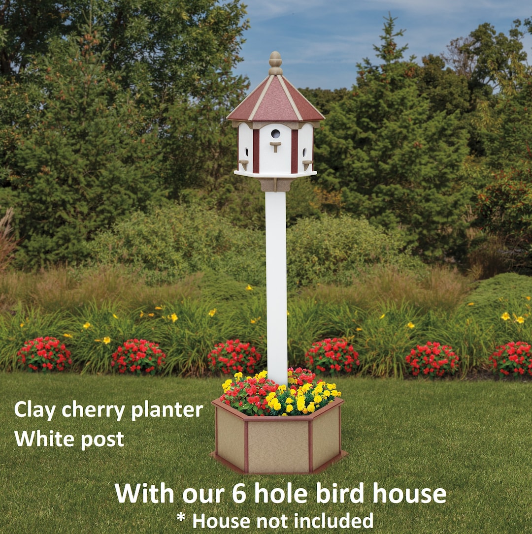 Bird House Planter - Bird Feeder Planter - Clay - Set of Planter & Post ...