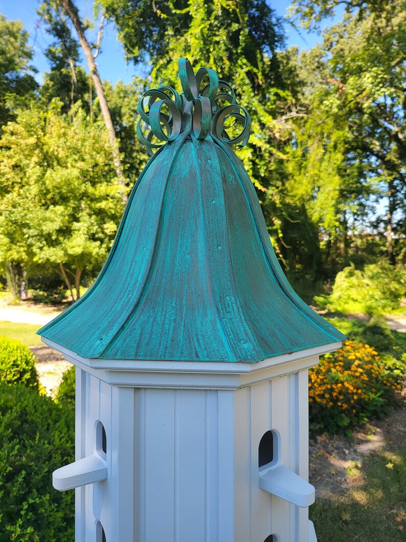 Bell Patina Copper Roof Bird House With Curly Copper Design 8 - Etsy