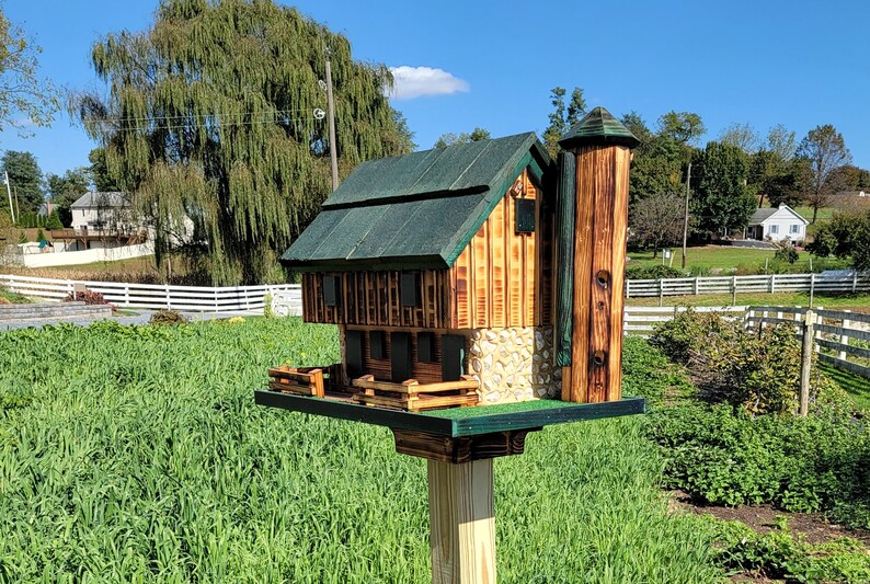 Log Cabin Barn Bird Feeders Amish Handmade, With Cedar Roof, Silo and ...