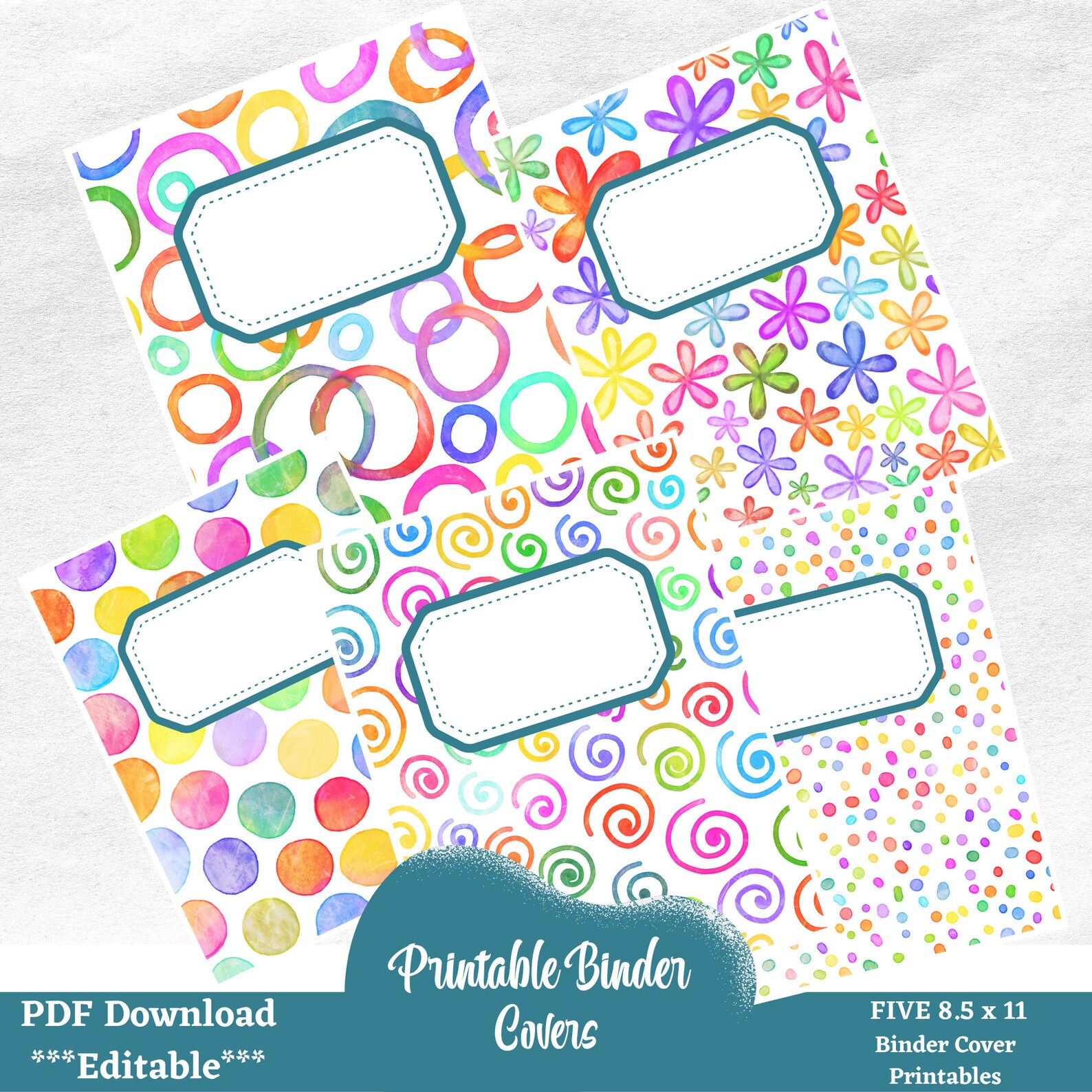 Binder Cover Printable SET of Five (5) Binder Divider, 8.5x11 Dividers ...