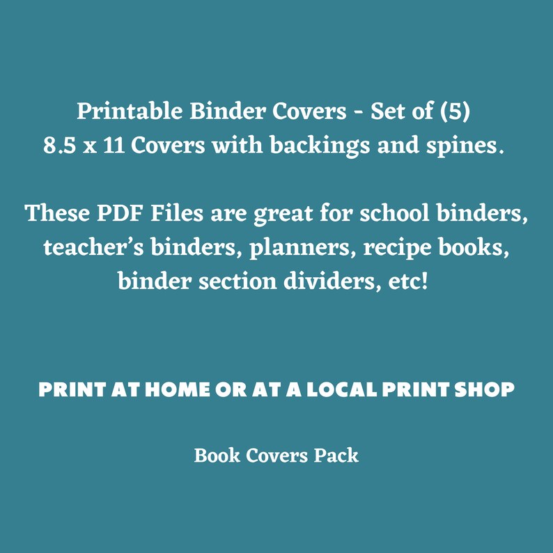 Binder Cover Printable SET of Five (5) Binder Divider, 8.5x11 Dividers ...