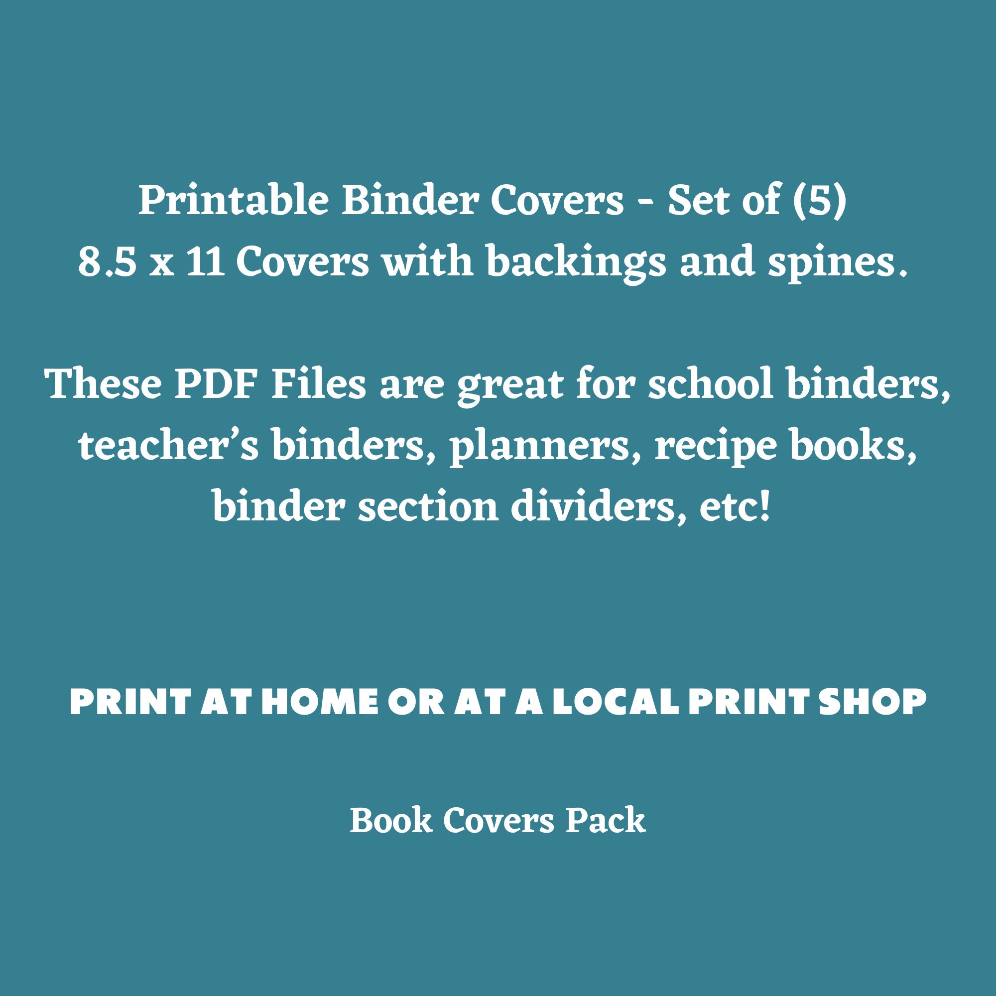 Binder Cover Printable SET of Five (5) Binder Divider, 8.5x11 Dividers ...