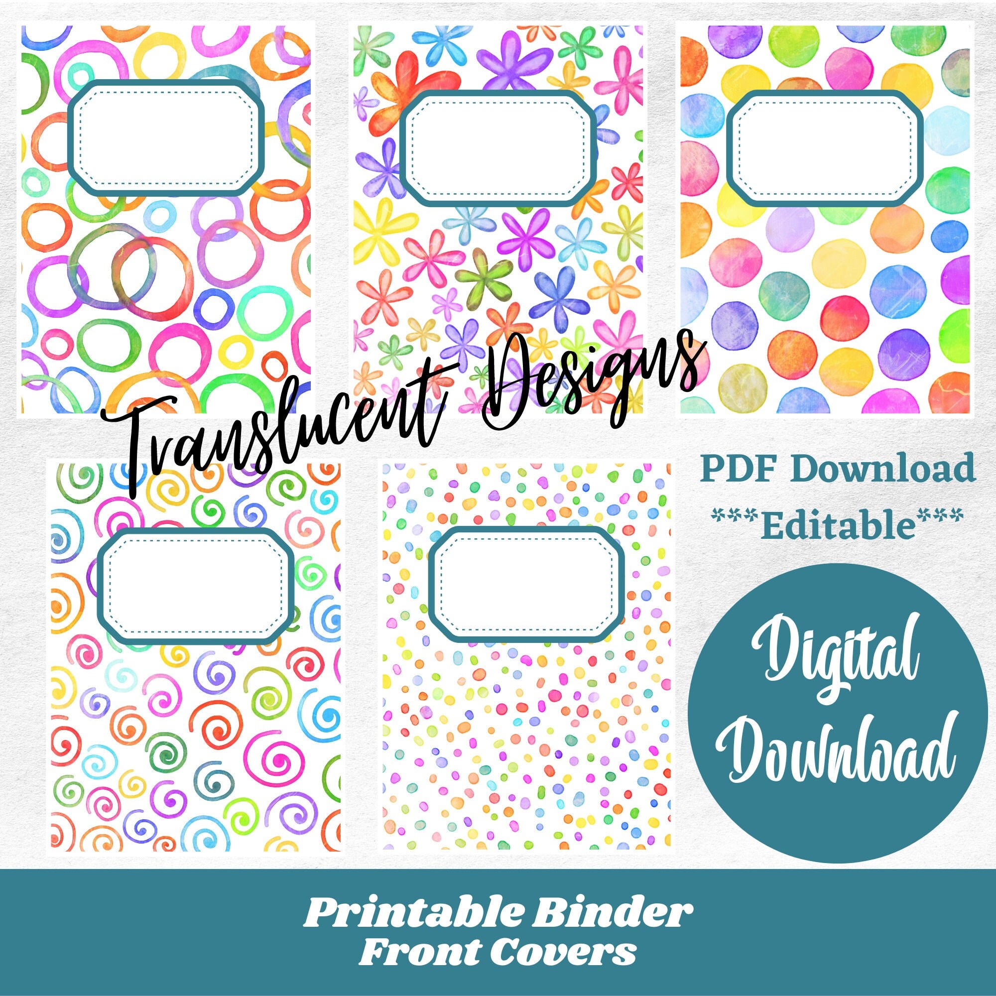 Binder Cover Printable SET of Five (5) Binder Divider, 8.5x11 Dividers ...