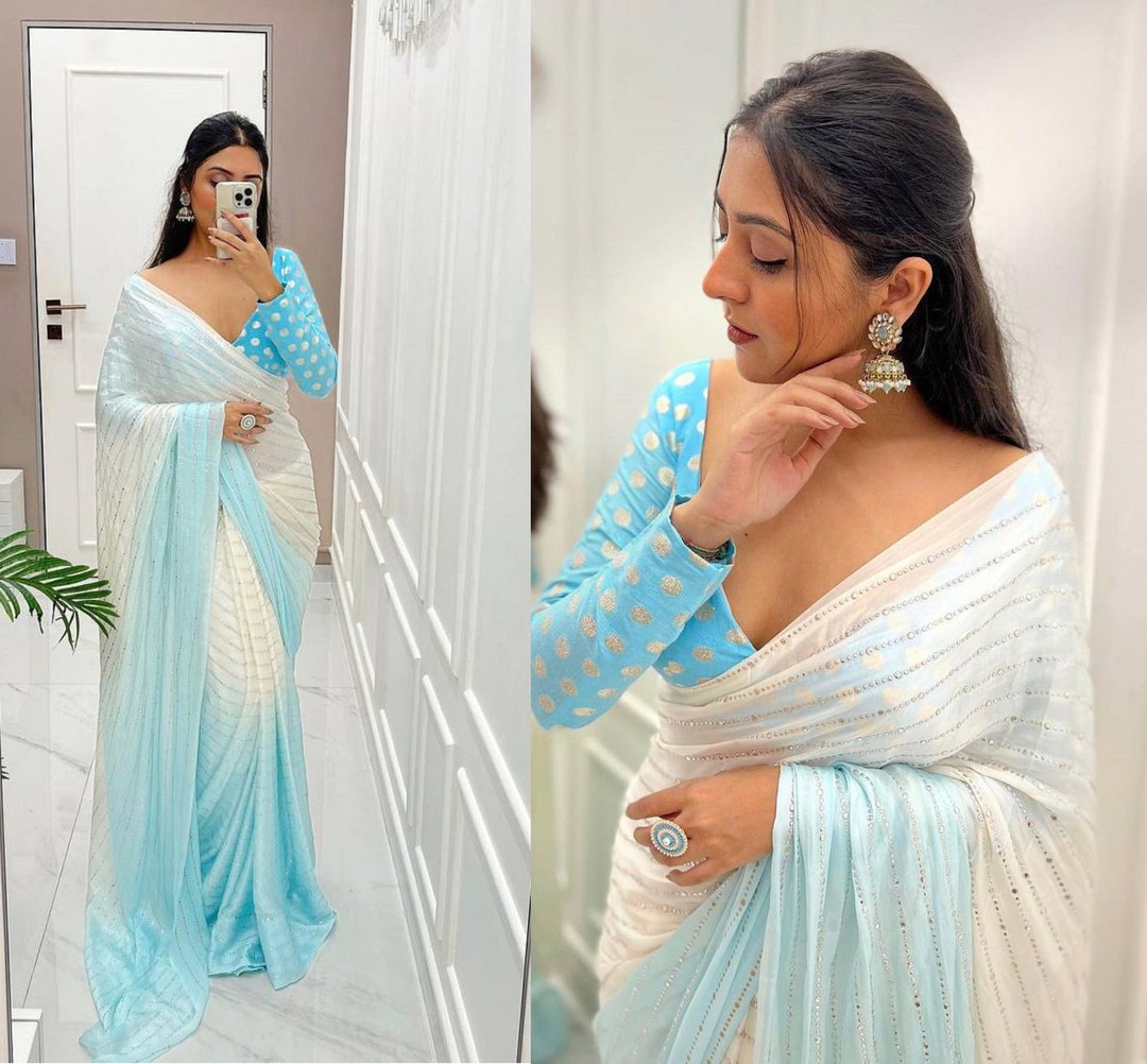Designer Blue-white Saree With Sequence Work Wedding Saree,party Wear ...