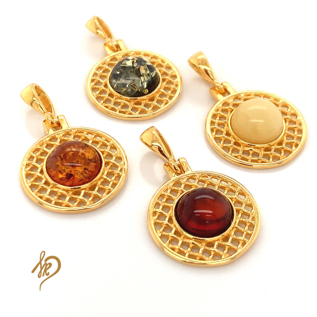 Small Amber Pendant, Amber in Gold, 925 Silver Gold Plated, Round ...