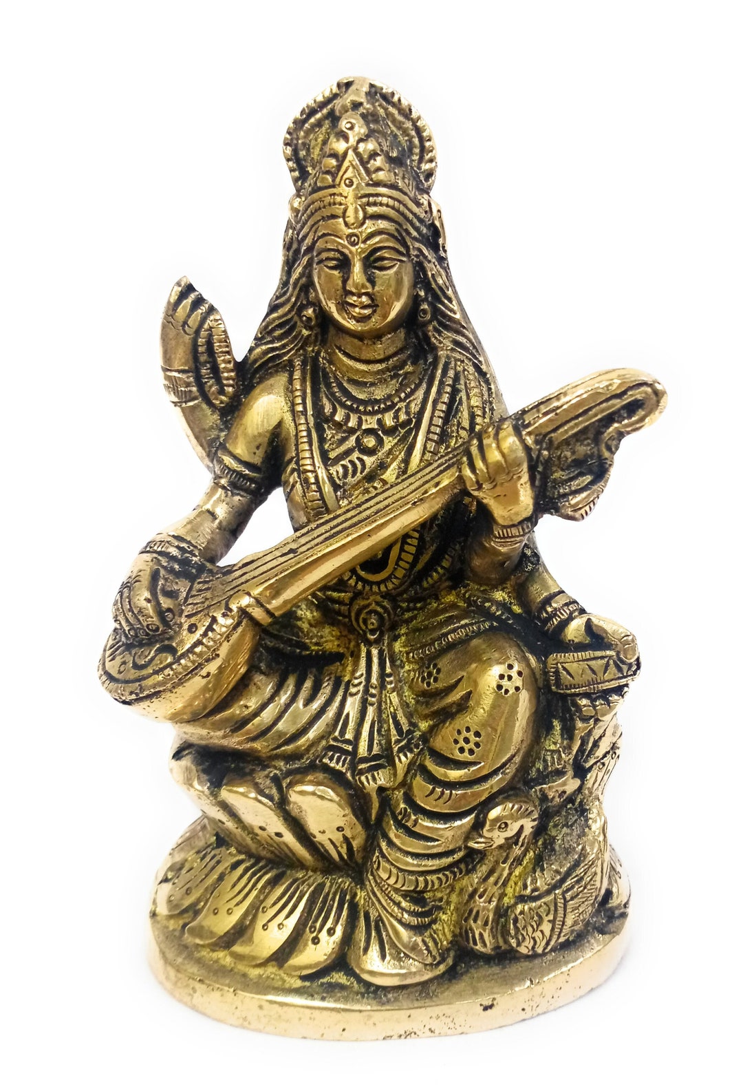Brass Goddess Saraswati | Maa Sharda Seated 6" on Lotus by Jeypore - Etsy