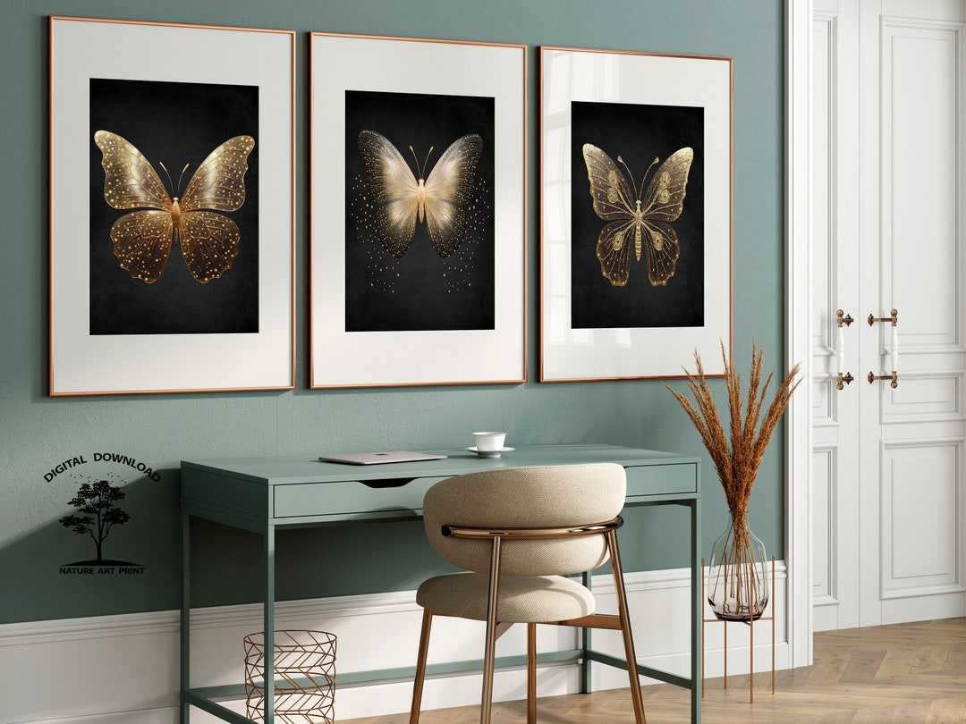 Gold Butterfly Wall Art Set of 3, Elegant Butterfly Prints, Maximalist ...