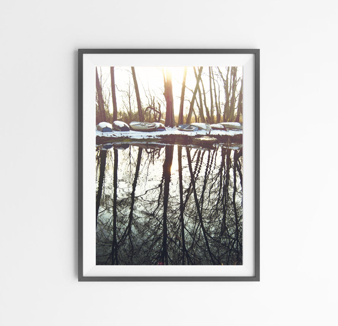 Sunny Winter Day,boat Print,winter Tree Branches,water Reflection ...