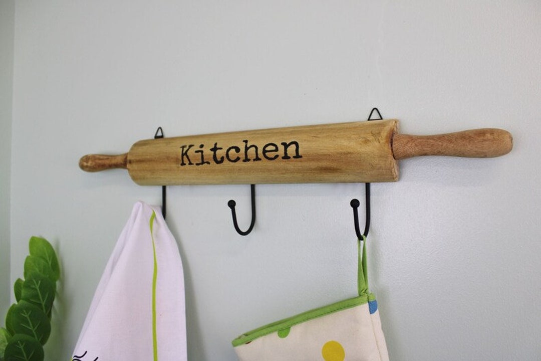Kitchen Wall Mounted Hooks, 4 Hooks With a Vintage Style Wooden Rolling ...