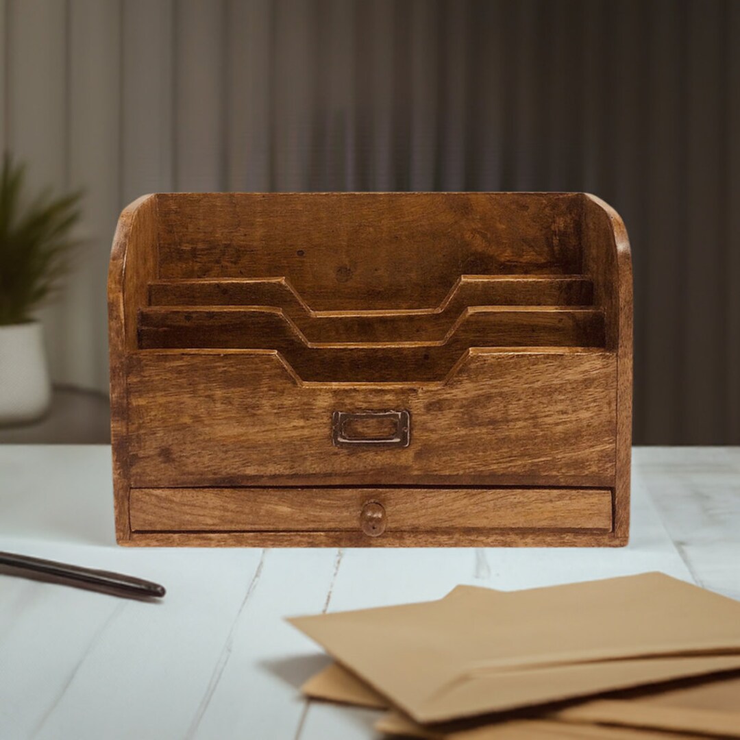 Letter Mail Rack With Pull Out Drawer Brown Mango Wood Vintage Style ...