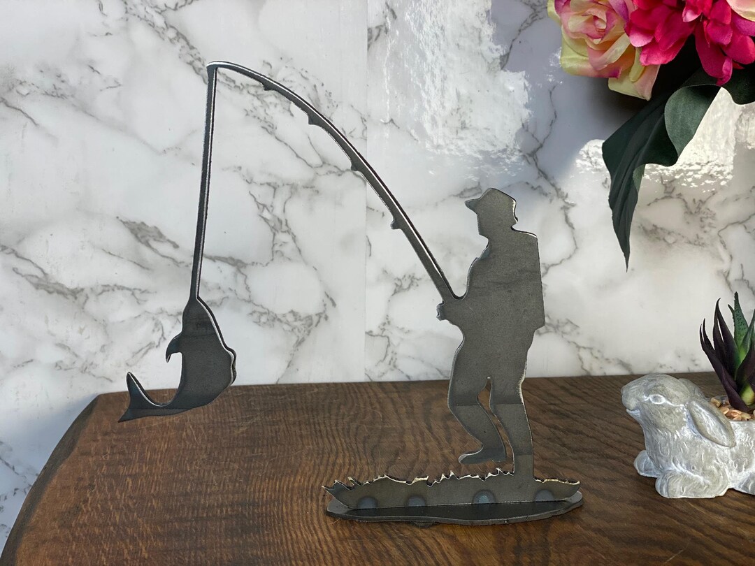 Fisherman Fishing Angeler Fish Brushed Steel Metal Art Home Sculpture ...