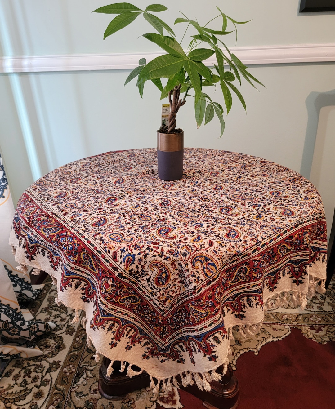 Elegant Persian Paisley Handmade Tablecloth, Block Print, With Vibrant ...