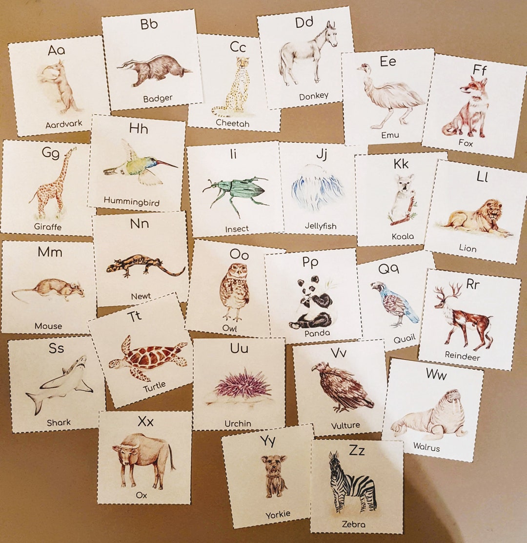 Vintage Hand-drawn Alphabet Animal Cards for Kids | Printable Digital ...