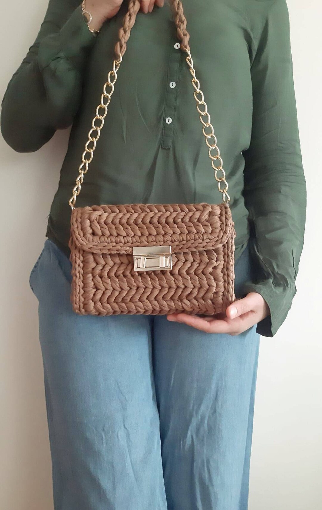 Handmade Brown Crochet Bag, Stylish Knit Purse Bag, Hand Woven Bag ...