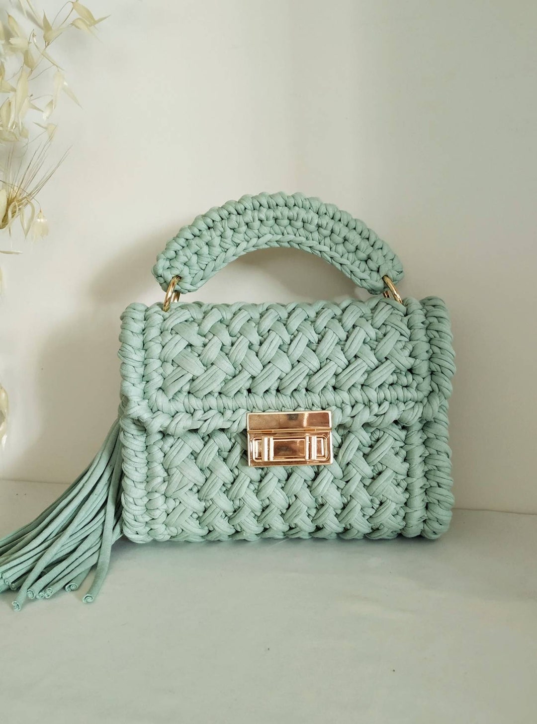 Handmade Mint Green Crochet Bag, Knitted Bag, Capri Luxury Bag, Crochet ...