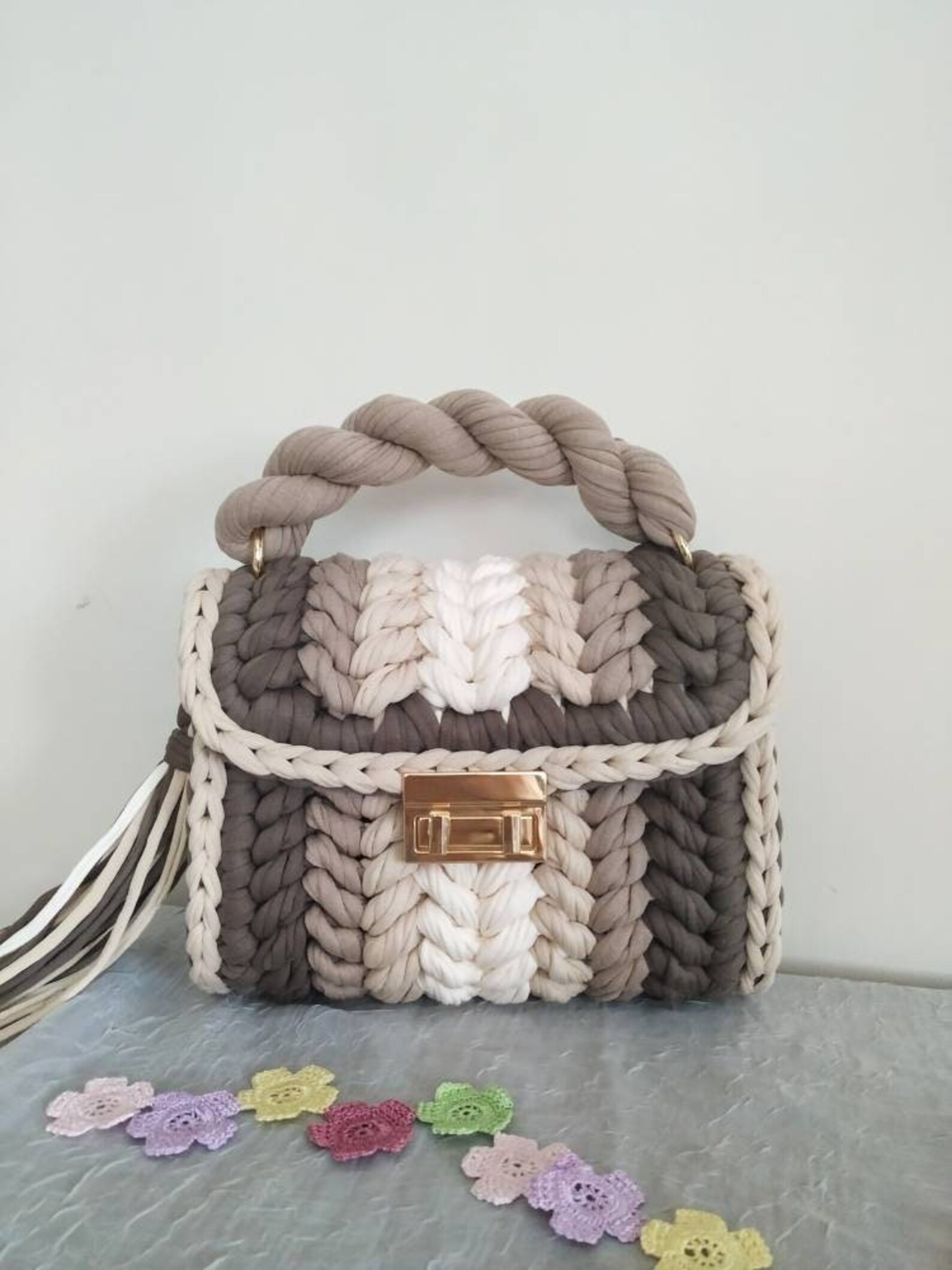 Crochet Brown Color Shadow Bag, Multicolor Knit Purse, Shoulder Bag - Etsy