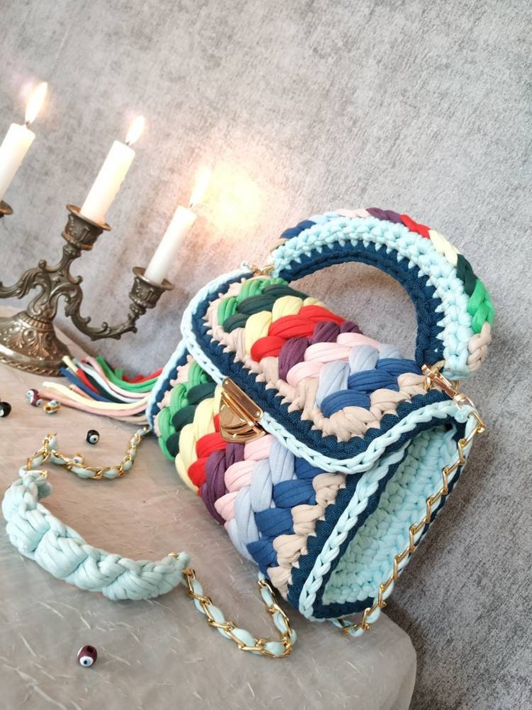 Colorful Crochet Bag Rainbow Knitted Bag Crochet Multicolor - Etsy