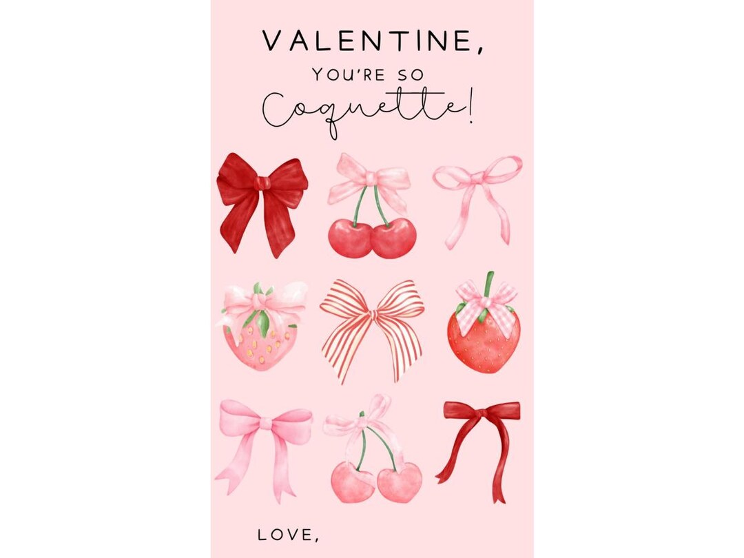 Printable Coquette Valentines | Pink Bow Candy Cards | Cute Digital ...