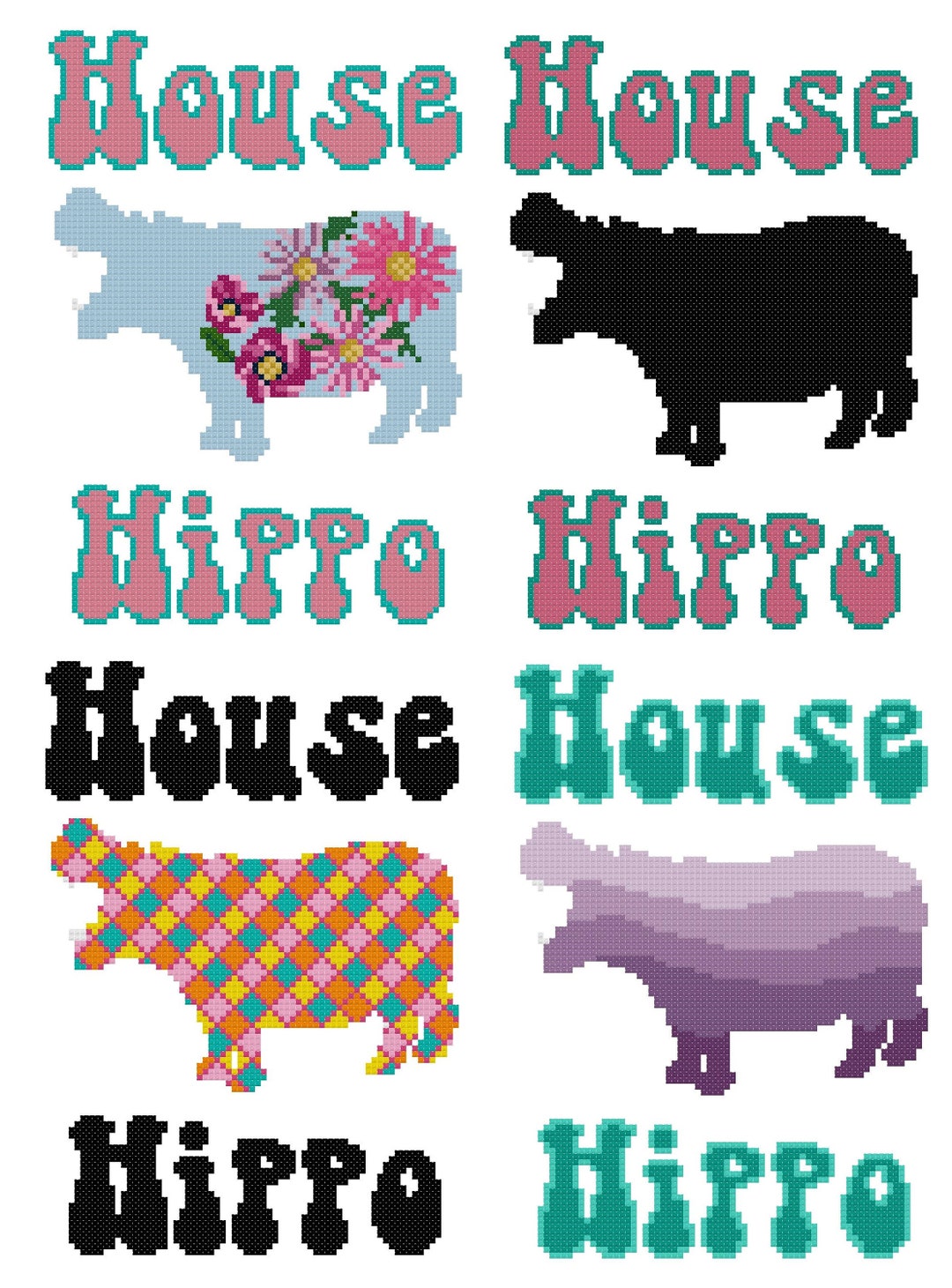 House Hippo Cross Stitch Pattern - Four Pack -all 4 Designs - Digital ...