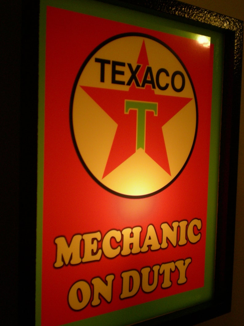 Texaco Oil Gas Service Station Garage Mechanic on Duty Man Cave Lighted ...