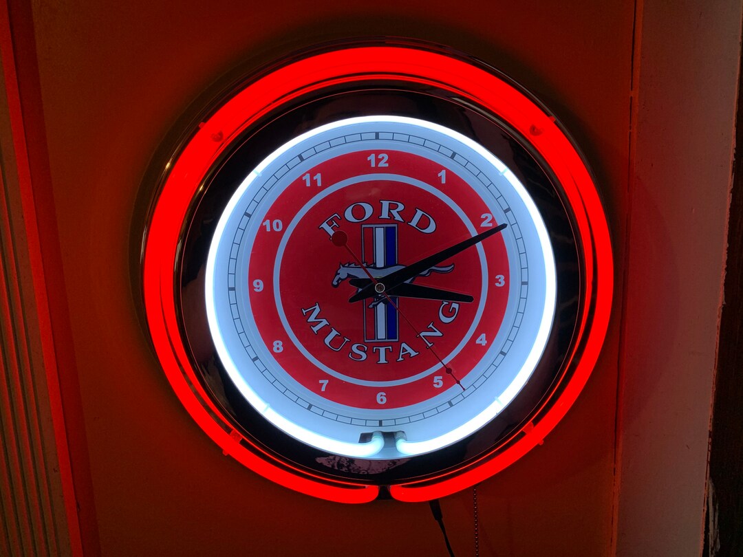 Ford Mustang Motors Auto Garage Bar RED Neon Wall Clock Advertising Man ...