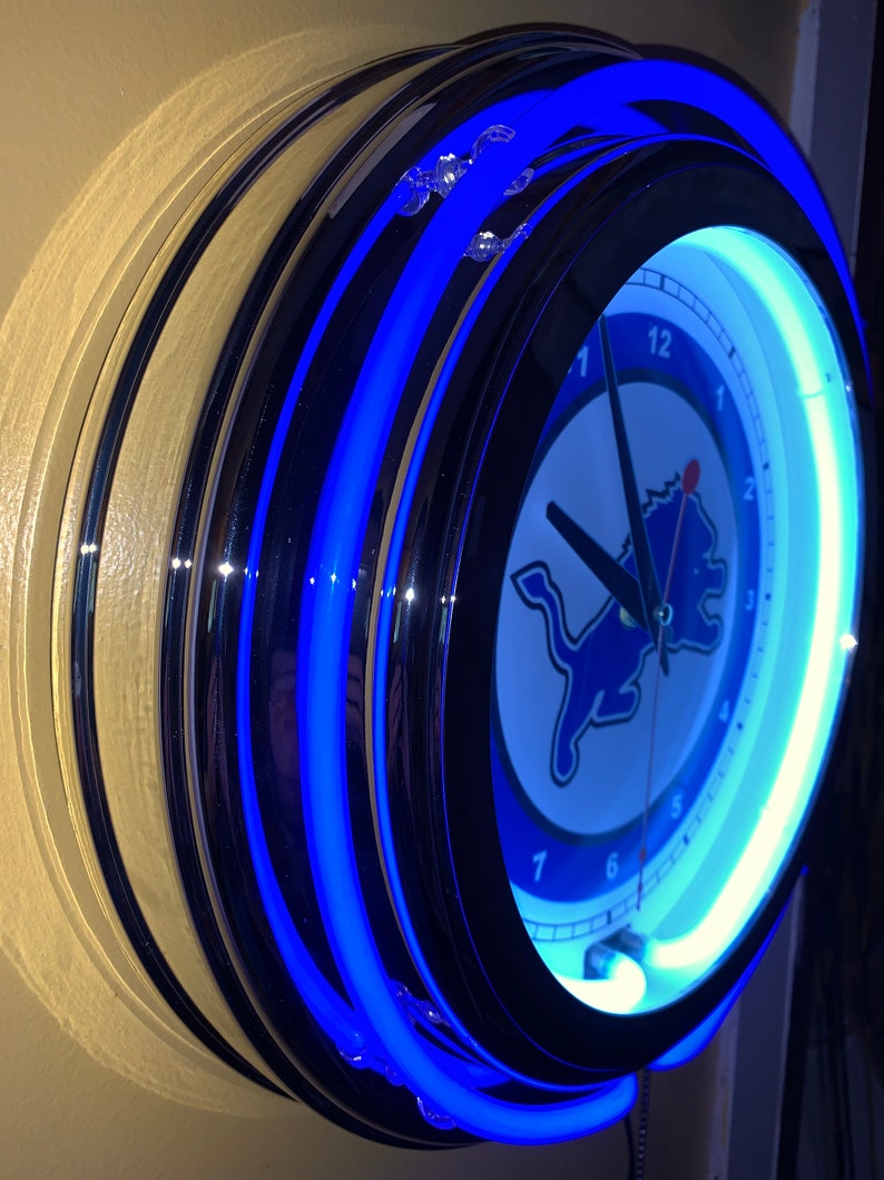 Reloj de pared de neón azul del bar de fútbol de Detroit Lions, letrero ...