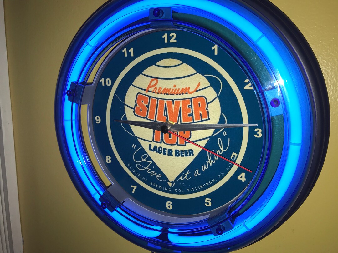 Silver Top Lager Beer Bar Neon Retro Wall Clock Man Cave Advertising ...