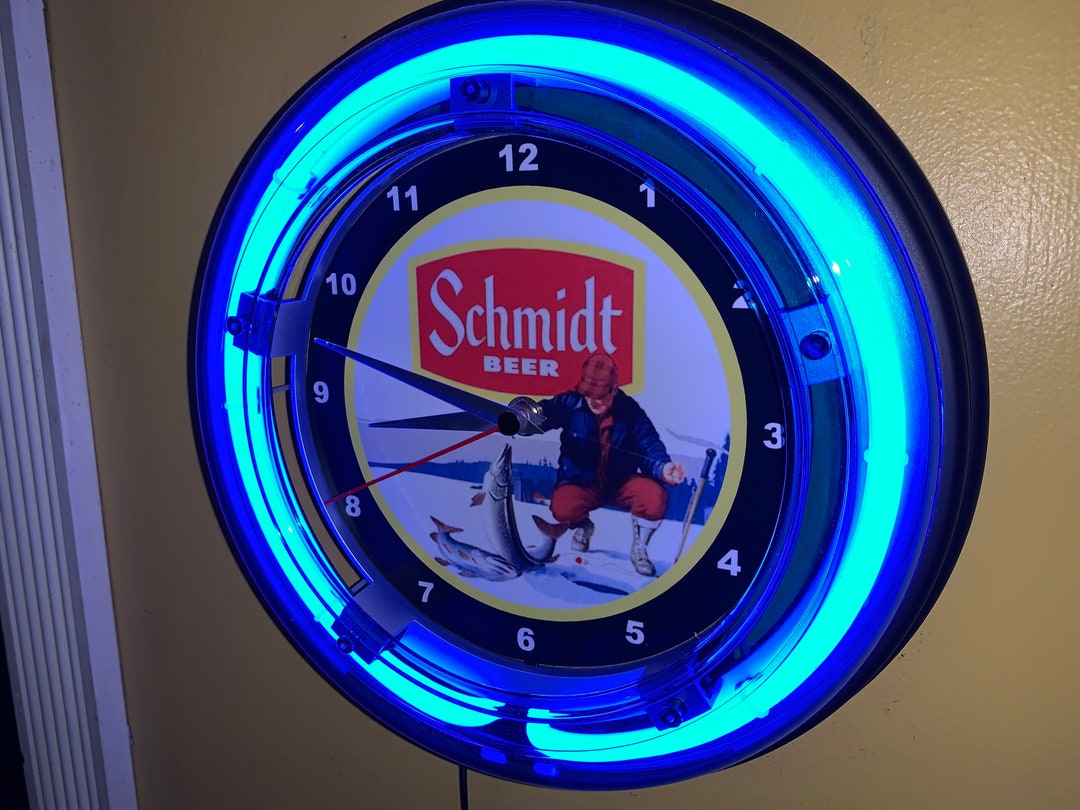Schmidt Ice Fishing Beer Bar Man Cave Retro Advertising Neon Wall Clock ...
