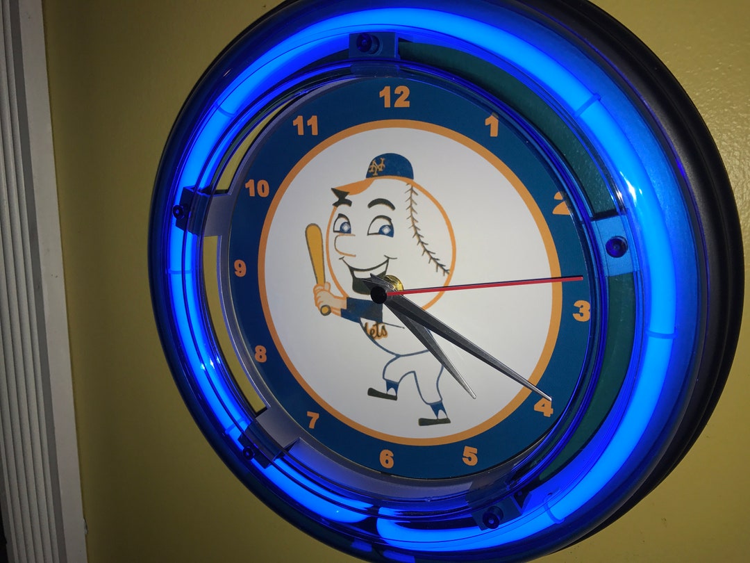 New York Mets Mr. Met Throwback Baseball Bar Neon Wall Clock Man Cave ...