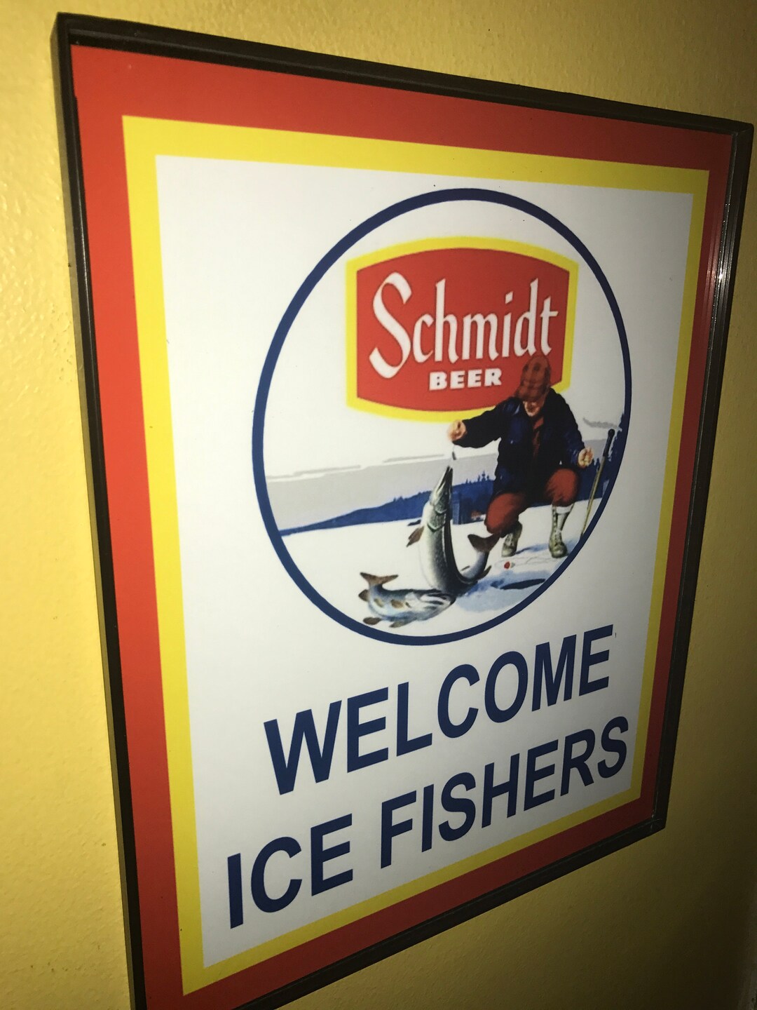 Schmidt Ice Fishing Fisher Beer Bar Framed Advertising Print Man Cave ...