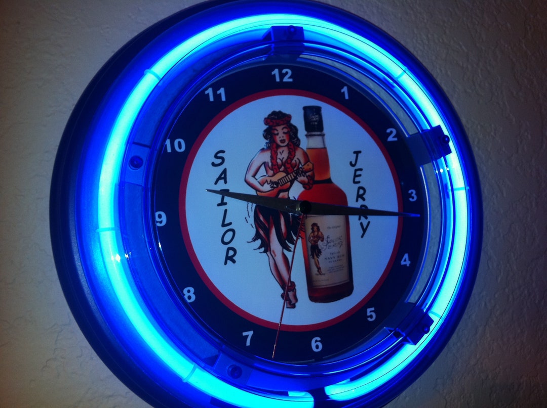 Sailor Jerry Rum Tiki Hula Girl Bar Man Cave Neon Wall Clock Man Cave ...