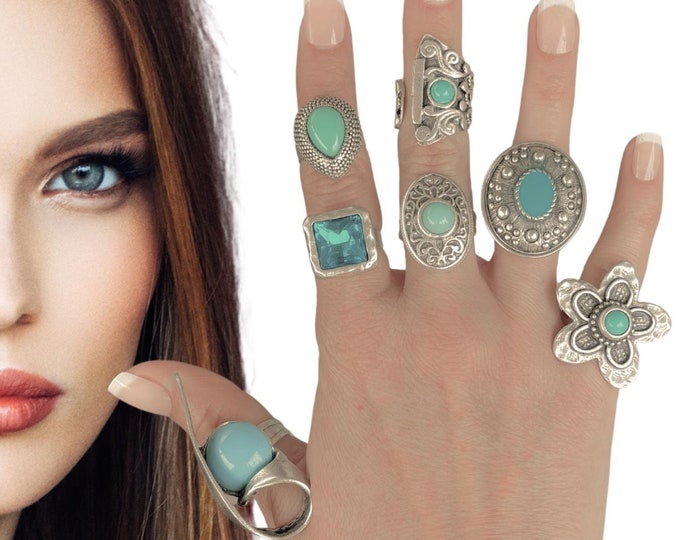 Large Sterling Silver Adjustable Boho Colourful Rings for Women Modern ...