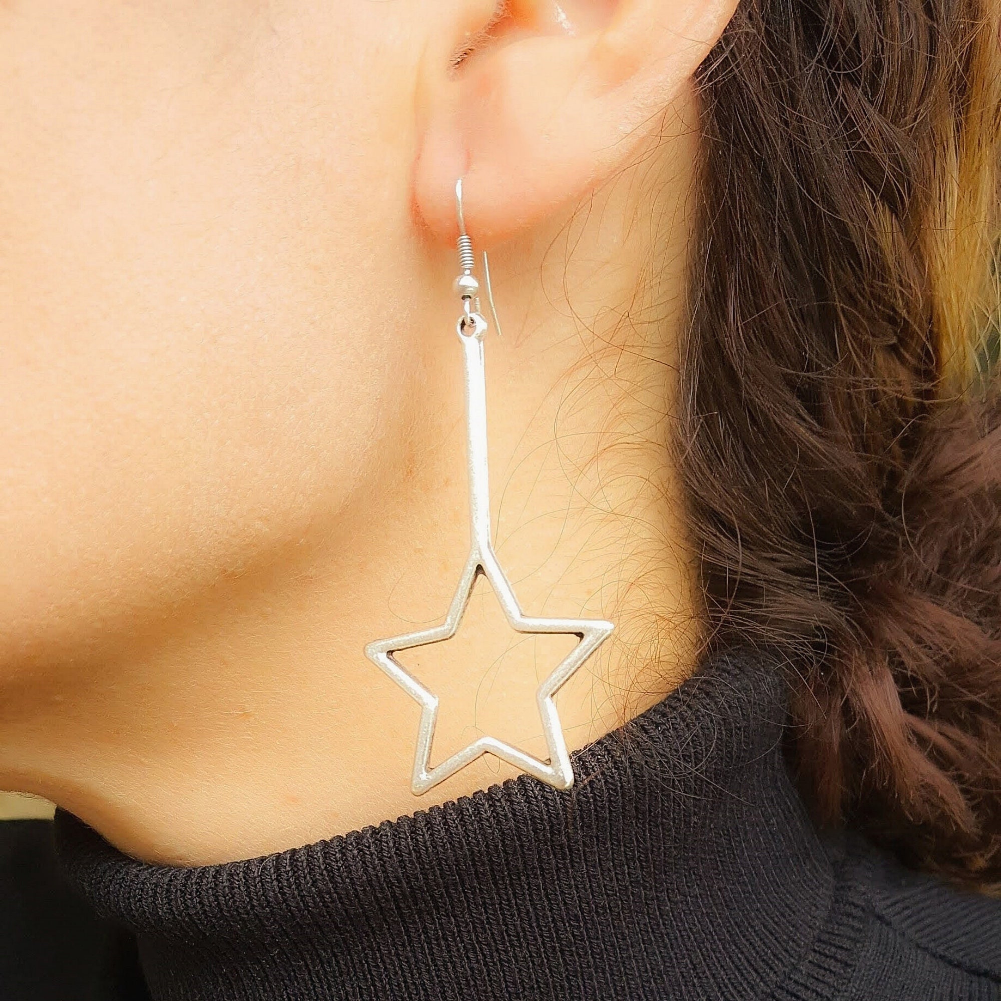 Sterling Silver Big Star Drop Dangle Earrings Open Star Dangle | Etsy UK